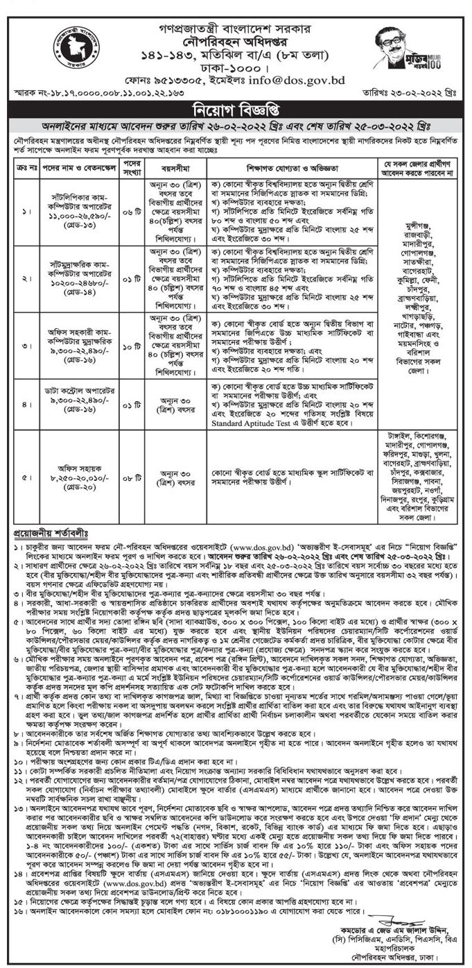 Latest DOS Job Circular 2022 | নৌপরিবহন অধিদপ্তর নিয়োগ বিজ্ঞপ্তি | Jobbari